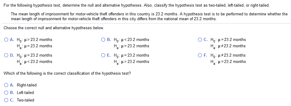 Solved For the following hypothesis test, determine the null | Chegg.com