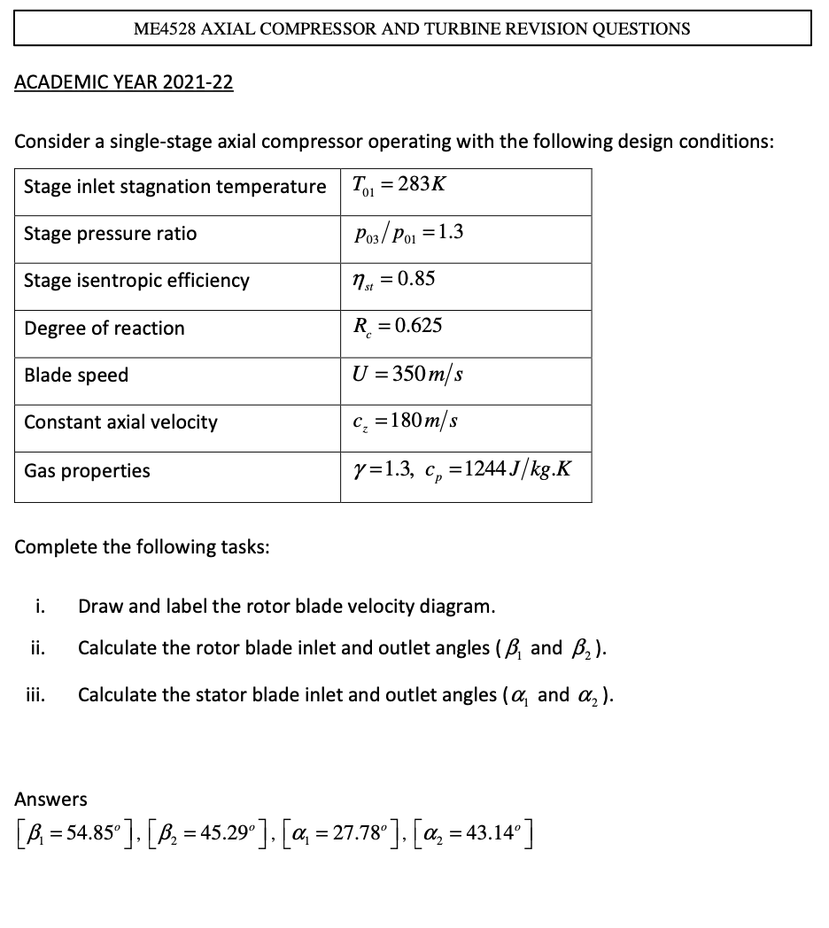 Solved Consider a single-stage axial compressor operating | Chegg.com
