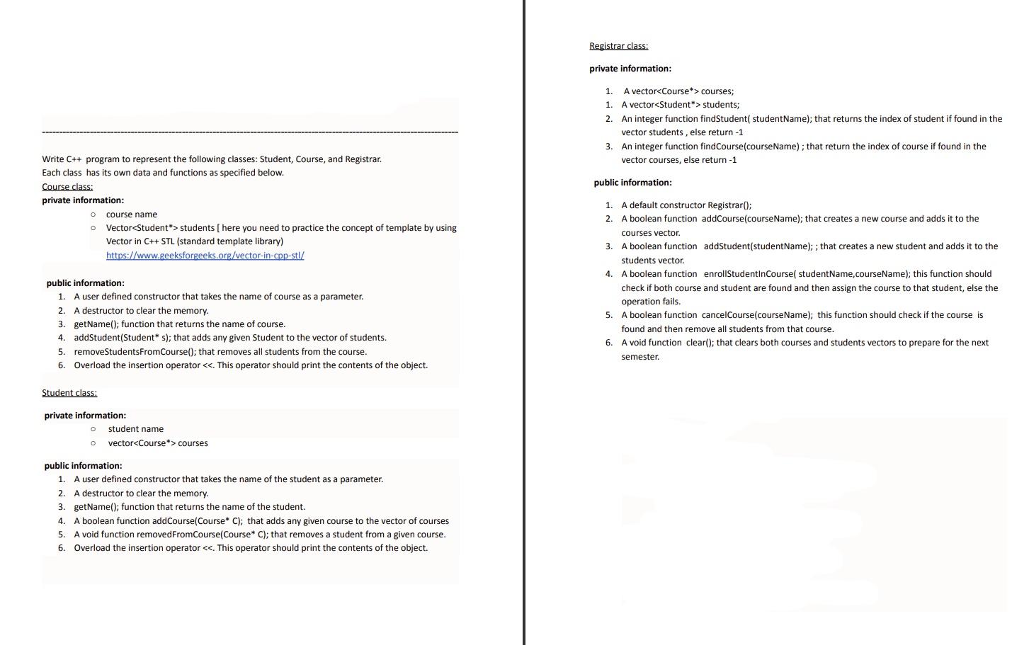 Solved Registrar class: private information: 1. A vector