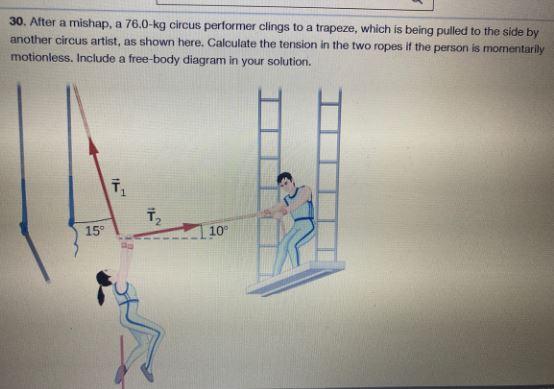 Solved 30. After a mishap, a 76.0-kg circus performer clings | Chegg.com