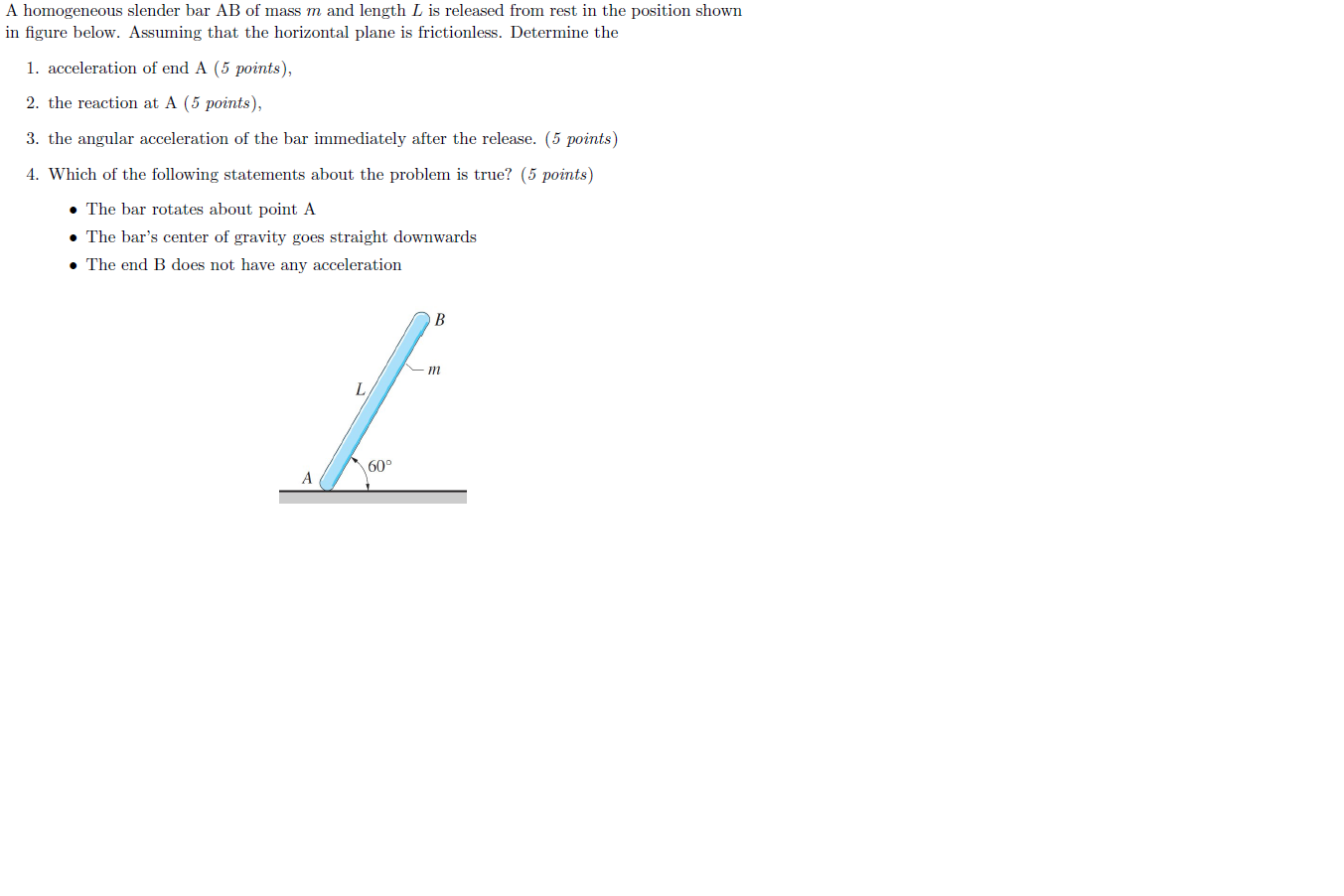Solved A homogeneous slender bar AB of mass m and length L | Chegg.com