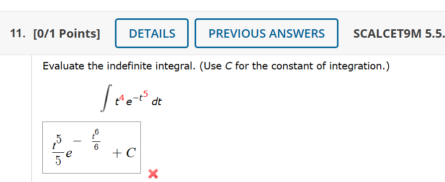 Solved -/1 Points] SCALCET9M 5.5.006. Evaluate the integral | Chegg.com