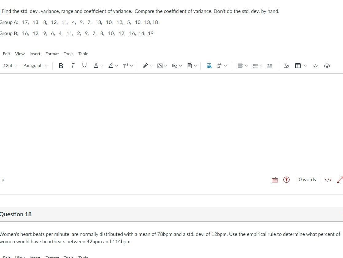Solved Find the std. dev., variance, range and coefficient | Chegg.com