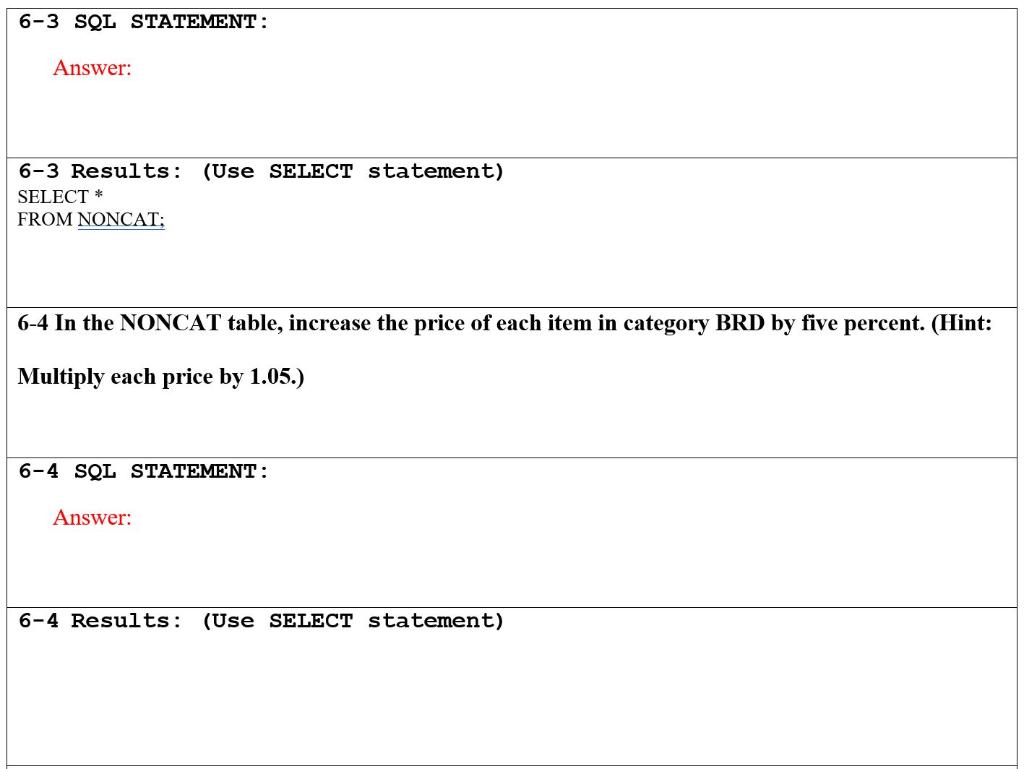 Solved 6-1 Create a table named NONCAT in the KIMTAY | Chegg.com