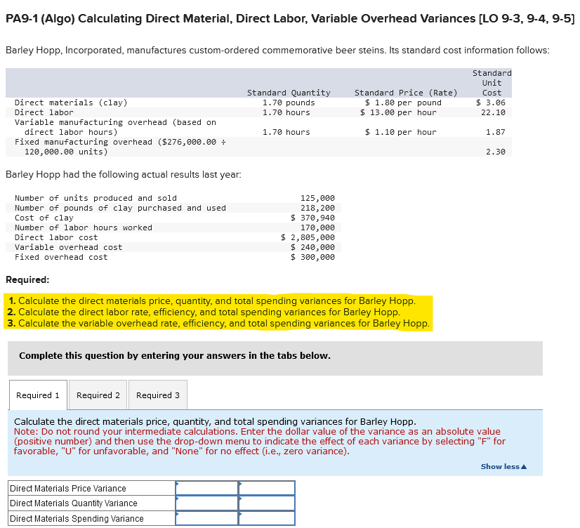 Solved PA9-1 (Algo) ﻿Calculating Direct Material, Direct | Chegg.com