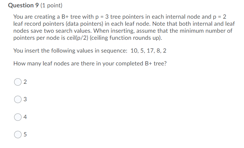 Solved Question 9 (1 point) You are creating a B+ tree with | Chegg.com
