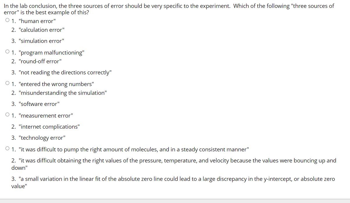 Solved In the lab conclusion, the three sources of error | Chegg.com