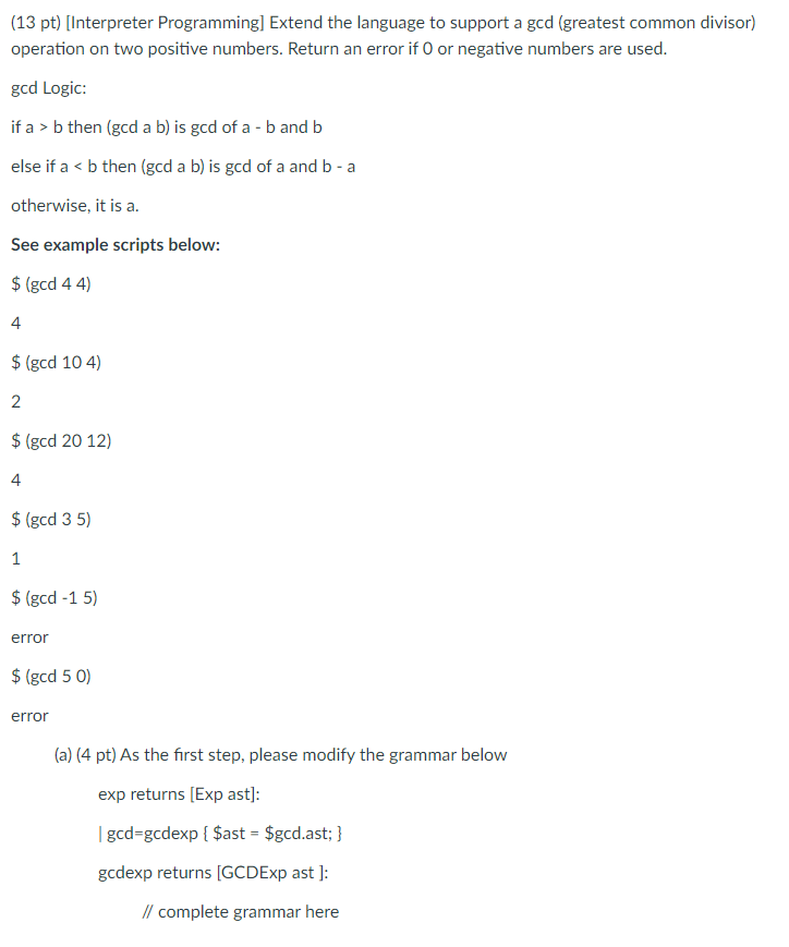 (13 pt) [Interpreter Programming] Extend the language | Chegg.com