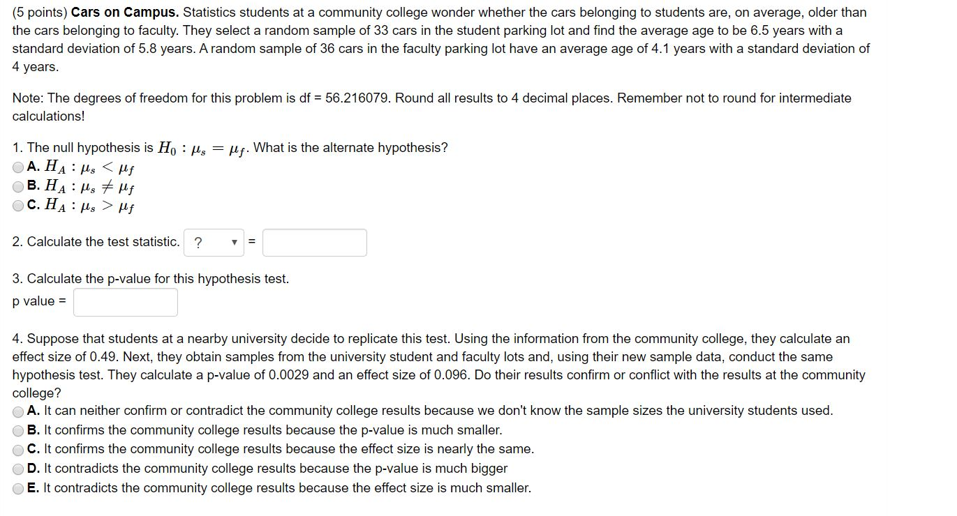 Solved (5 points) Cars on Campus. Statistics students at a | Chegg.com