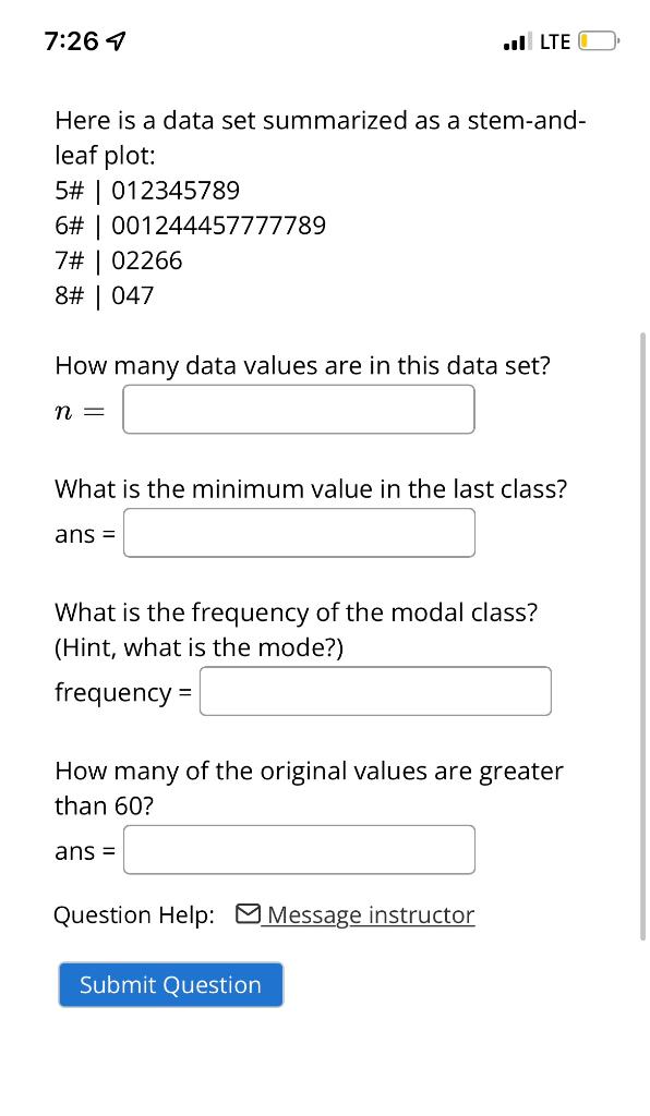Solved Here is a data set summarized as a stem-and- leaf | Chegg.com