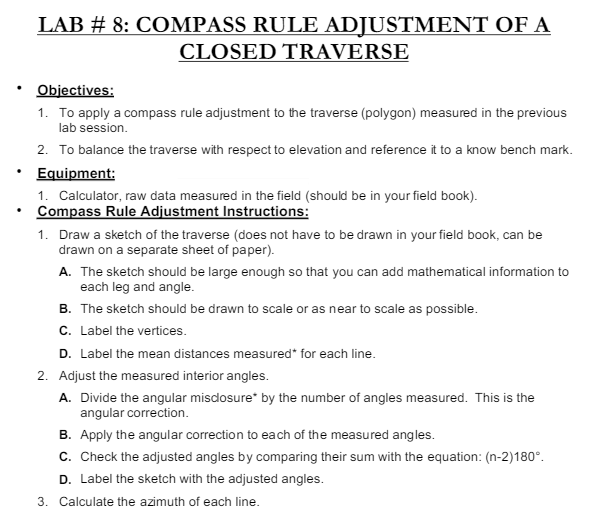 Solved LAB # 8: COMPASS RULE ADJUSTMENT OF A CLOSED TRAVERSE | Chegg.com