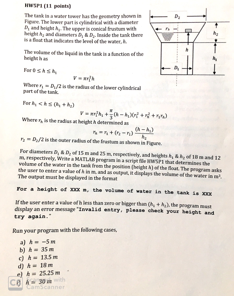 Solved HW5P1 (11 points) The tank in a water tower has the | Chegg.com