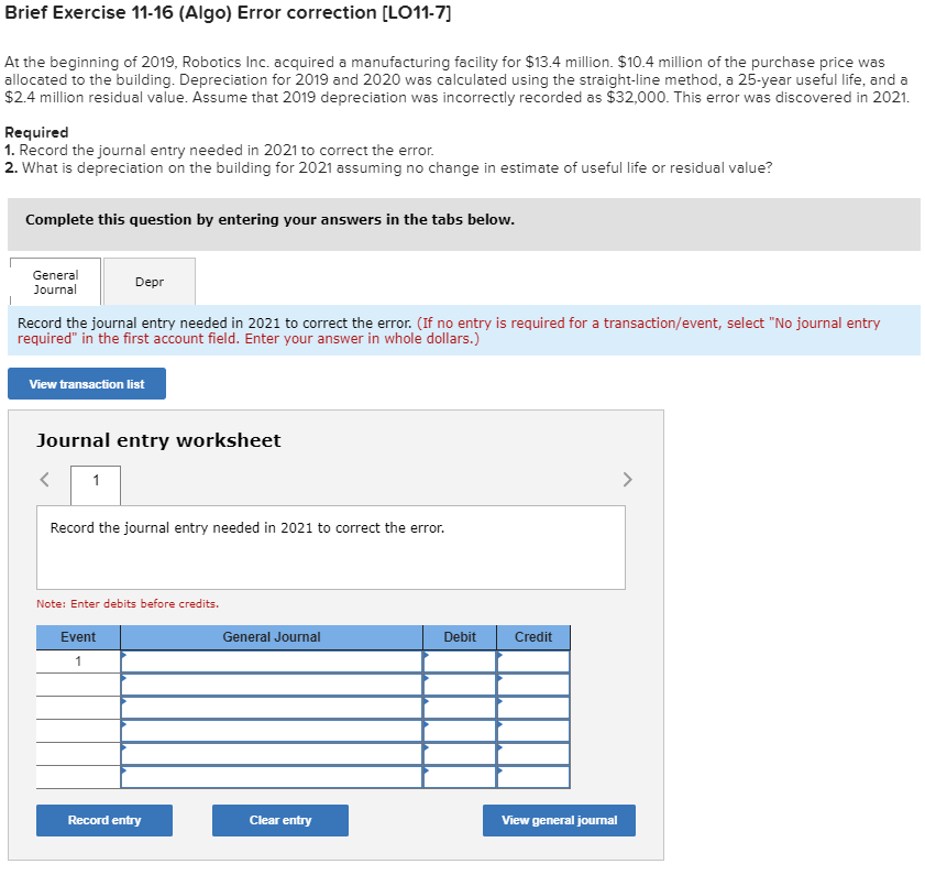 Solved Brief Exercise 11-16 (Algo) Error correction (LO11-7] | Chegg.com