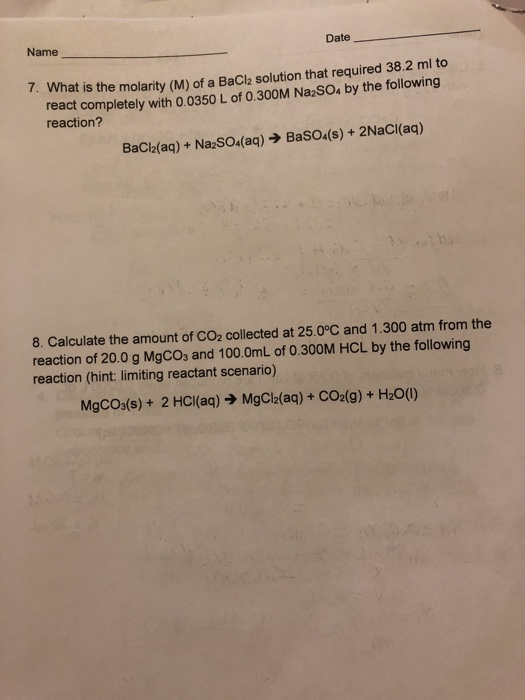 Solved Name Date at is the molarity (M) of a BaCl2 solution | Chegg.com