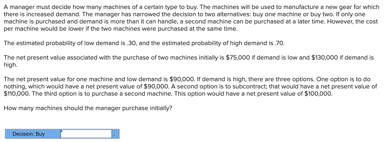 Solved A manager must decide how many machines of a certain | Chegg.com
