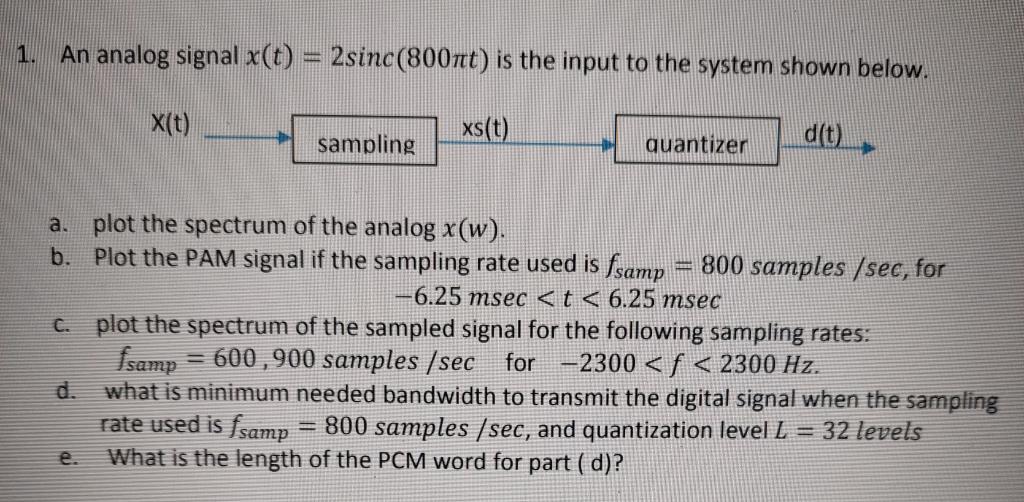 Solved 1. An analog signal x(t)=2sinc(800πt) is the input to | Chegg.com