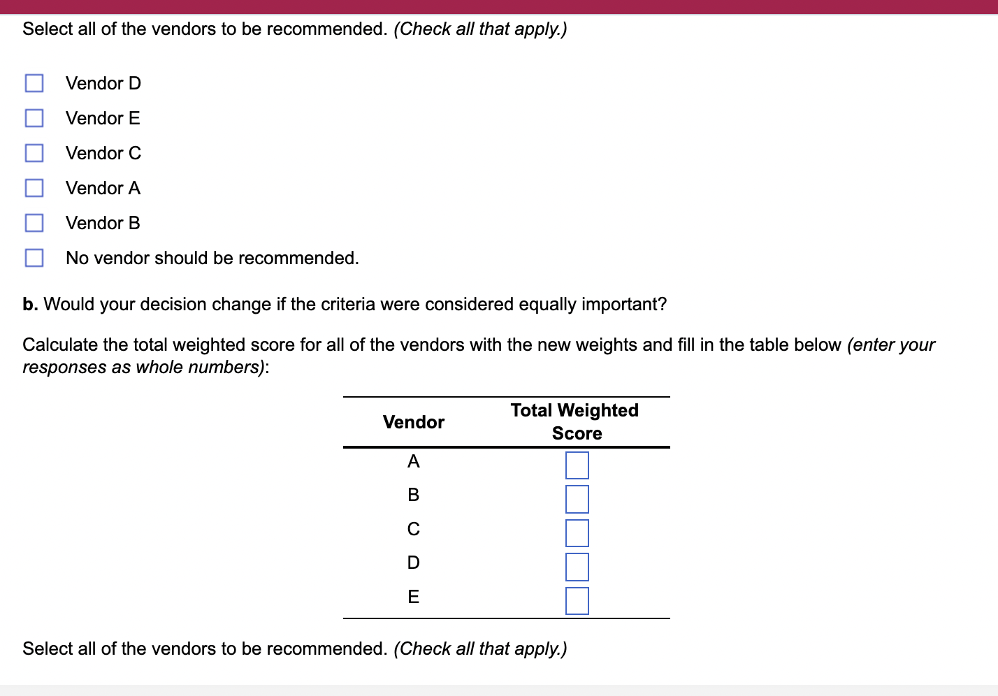 Solved You are in charge of analyzing five new vendors of an | Chegg.com