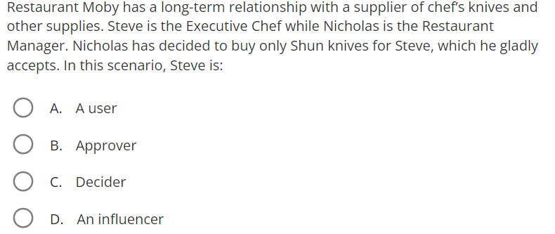 Solved Restaurant Moby has a long-term relationship with a | Chegg.com