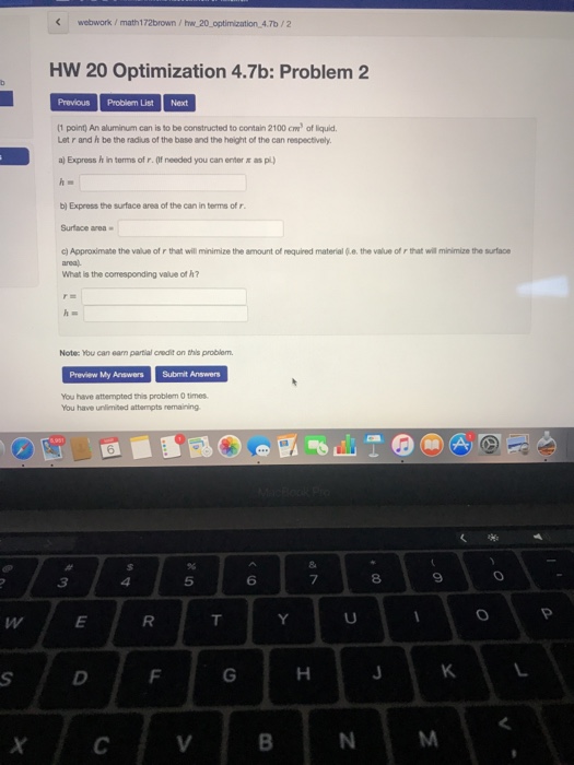 Solved webwork/math 172brown/hrw 20 optimization 4.7b/2 HW | Chegg.com