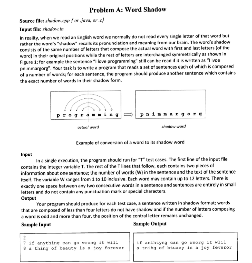 Solved Problem A: Word Shadow Source file: shadow.cpp for | Chegg.com