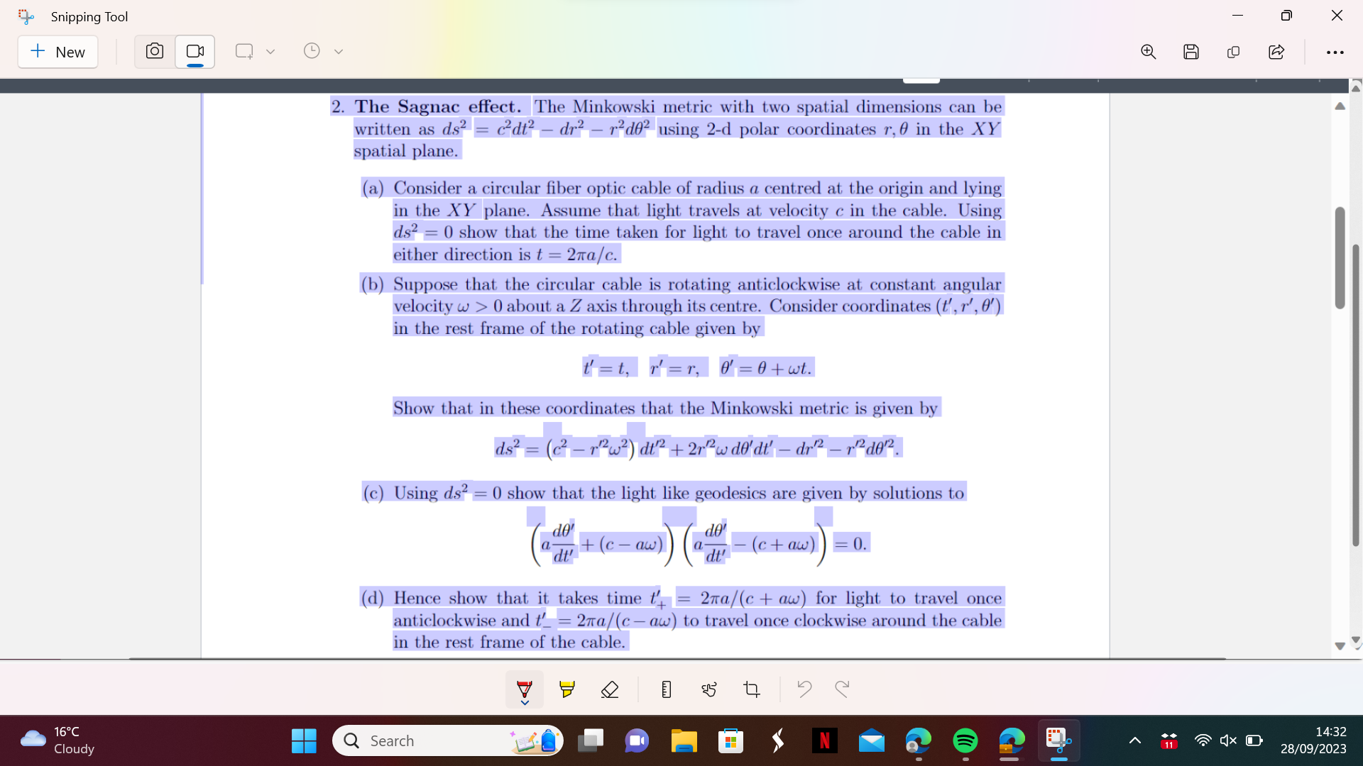 Solved The Sagnac effect. The Minkowski metric with two | Chegg.com