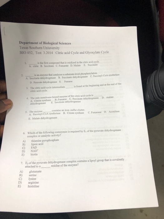 Solved Department of Biological Sciences Texas Southern | Chegg.com