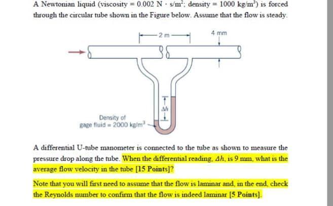 Solved A Newtonian liquid (viscosity = 0.002 N .sm: density | Chegg.com