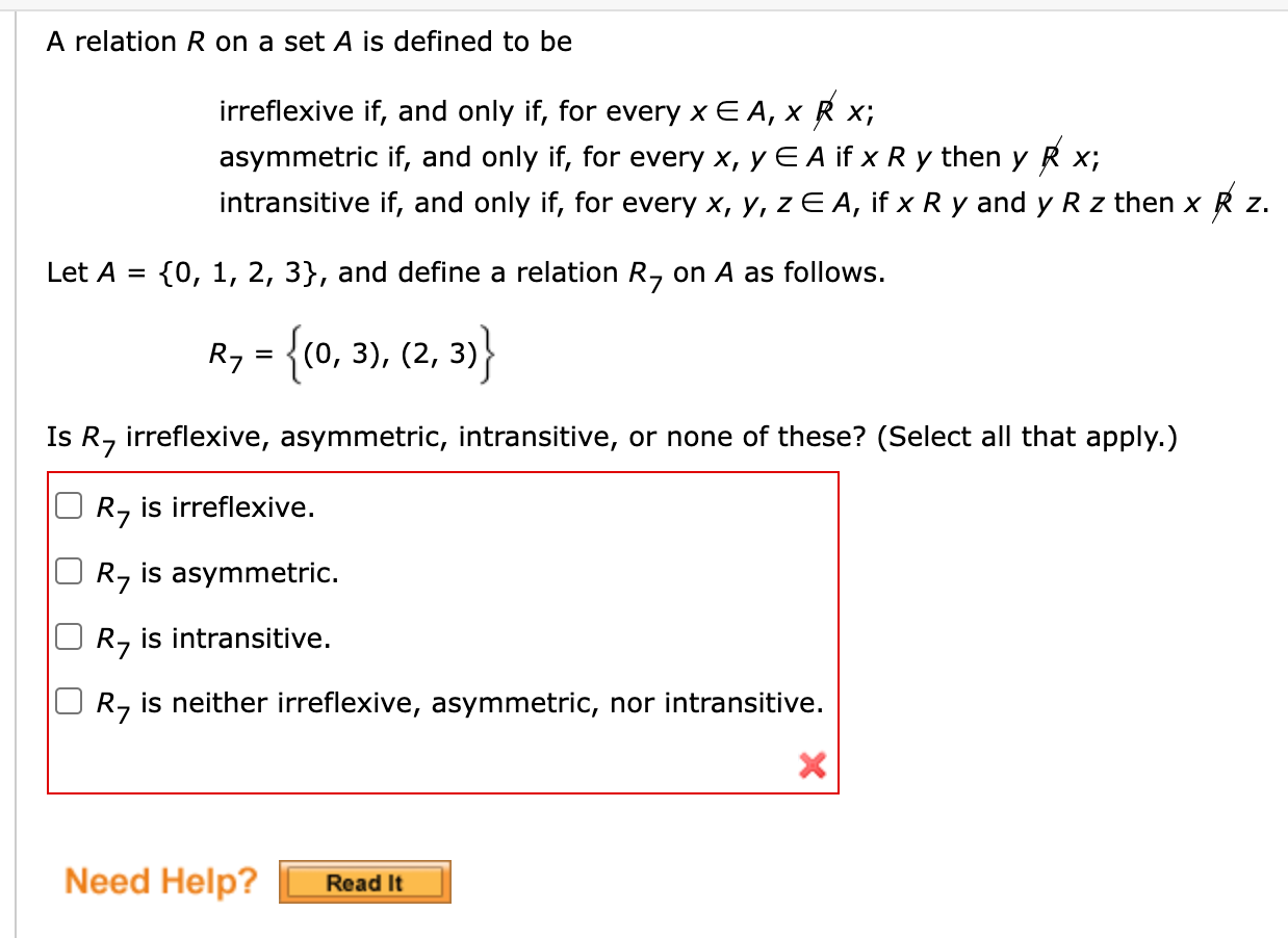 Solved A relation R on a set A is defined to be irreflexive | Chegg.com
