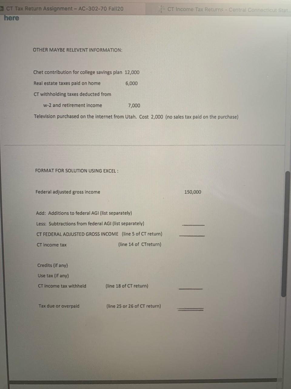 CT Income Tax Returns - Central Connecticut Star CT | Chegg.com