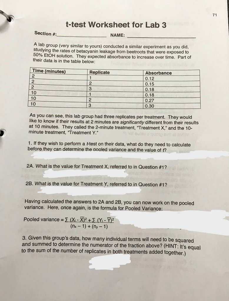 Solved 71 t-test Worksheet for Lab 3 Section #: NAME: - A | Chegg.com