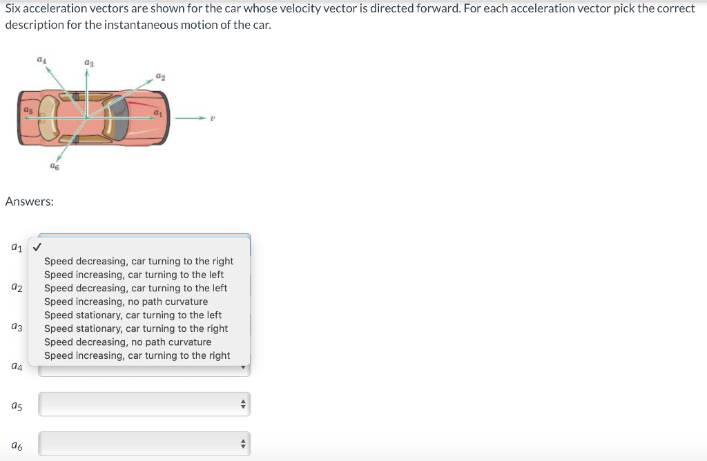 Solved Six acceleration vectors are shown for the car whose | Chegg.com