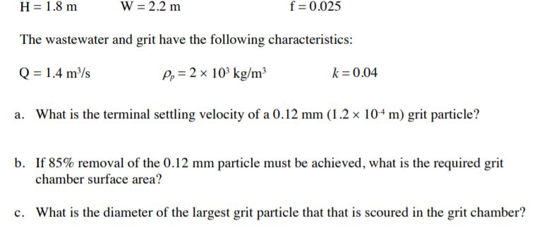 Solved A rectangular grit chamber operated at 20 degrees | Chegg.com