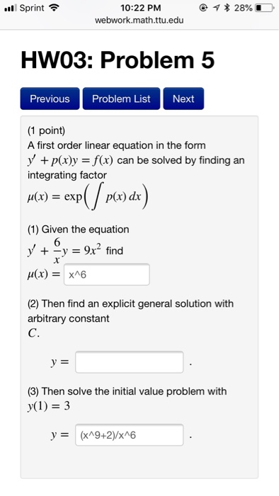 Solved Sprint 10:22 PM webwork.math.ttu.edu HW03: Problem 5 | Chegg.com
