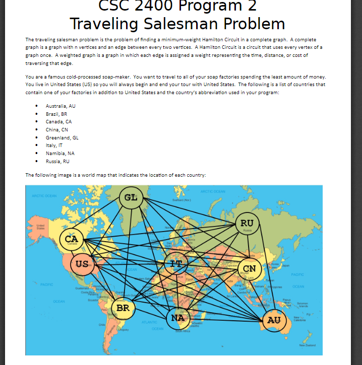 CSC 2400 Program 2 Traveling Salesman Problem The | Chegg.com