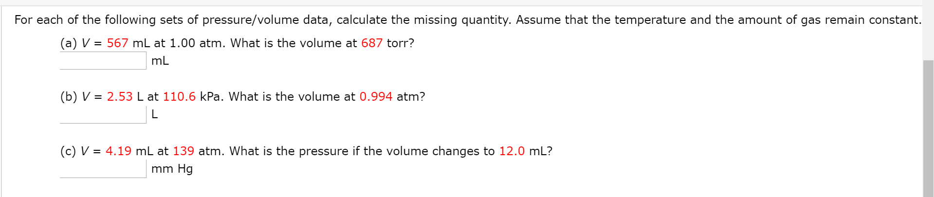 Solved For each of the following sets of pressure/volume | Chegg.com