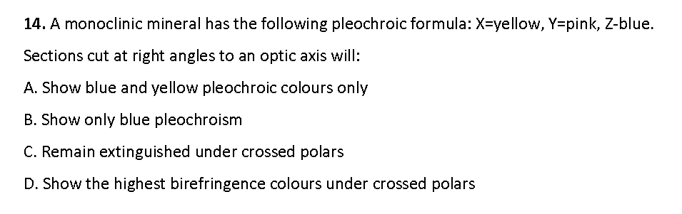 Solved 14. A monoclinic mineral has the following pleochroic | Chegg.com