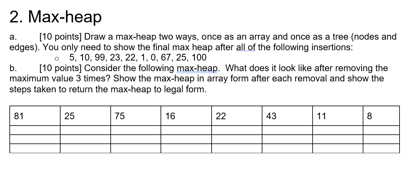 Solved a. 2. Max-heap [10 points] Draw a max-heap two ways, | Chegg.com