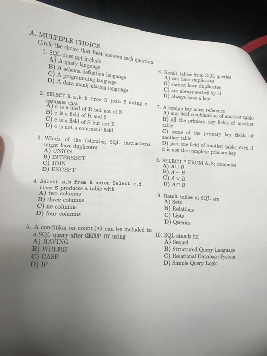Solved A. MULTIPLE CHOICE Circle the choice that best | Chegg.com