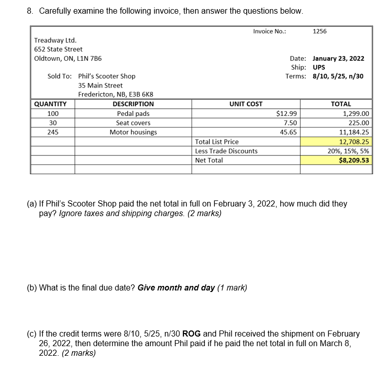Solved 8. Carefully examine the following invoice, then | Chegg.com