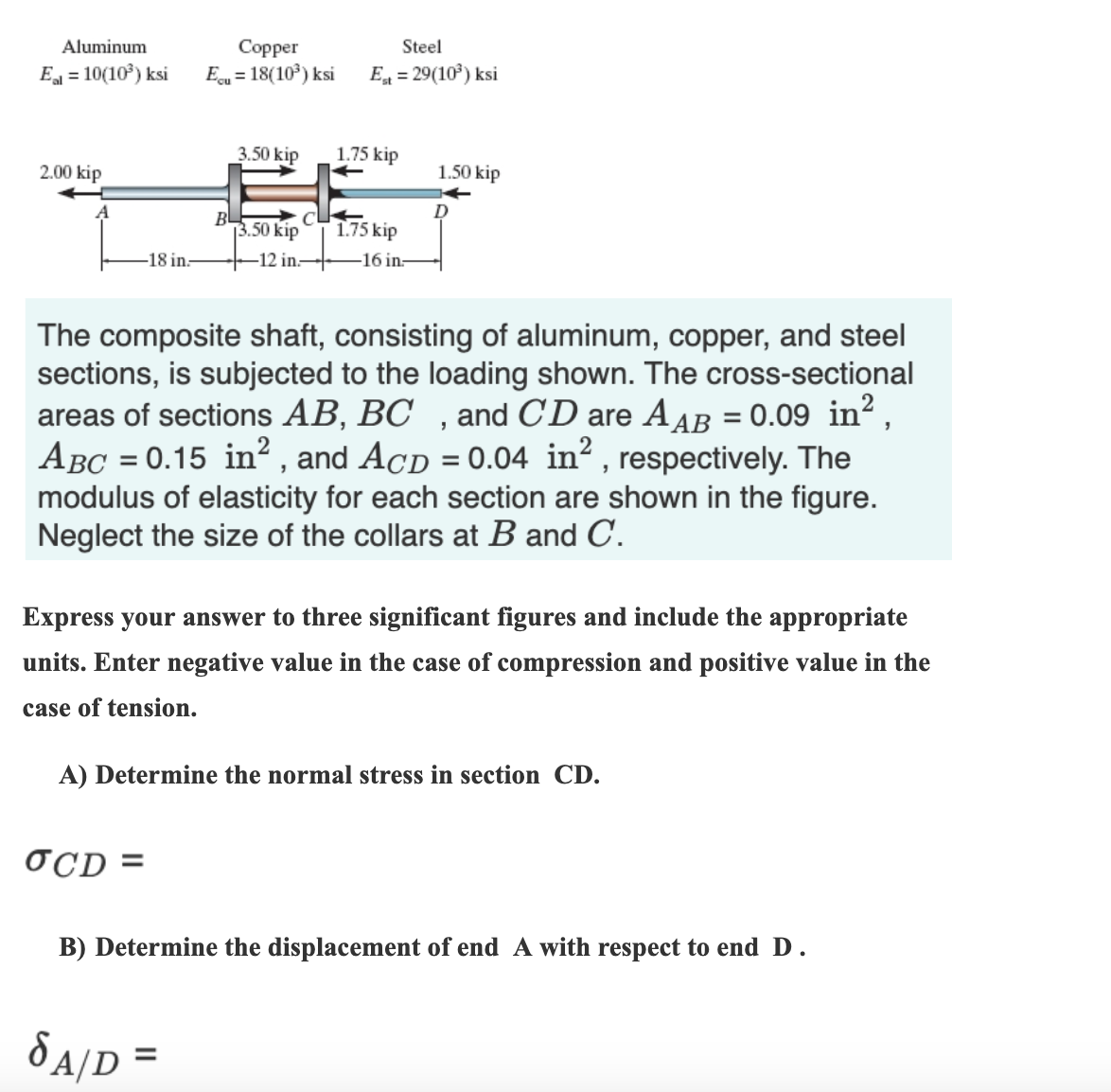 Solved The composite shaft, consisting of aluminum, copper, | Chegg.com