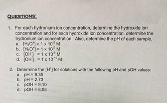 Solved For each Hydronium ion concentration, determine the | Chegg.com