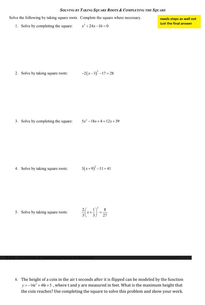 Solved SOLVING BY TAKING SQUARE Roots & COMPLETING THE | Chegg.com