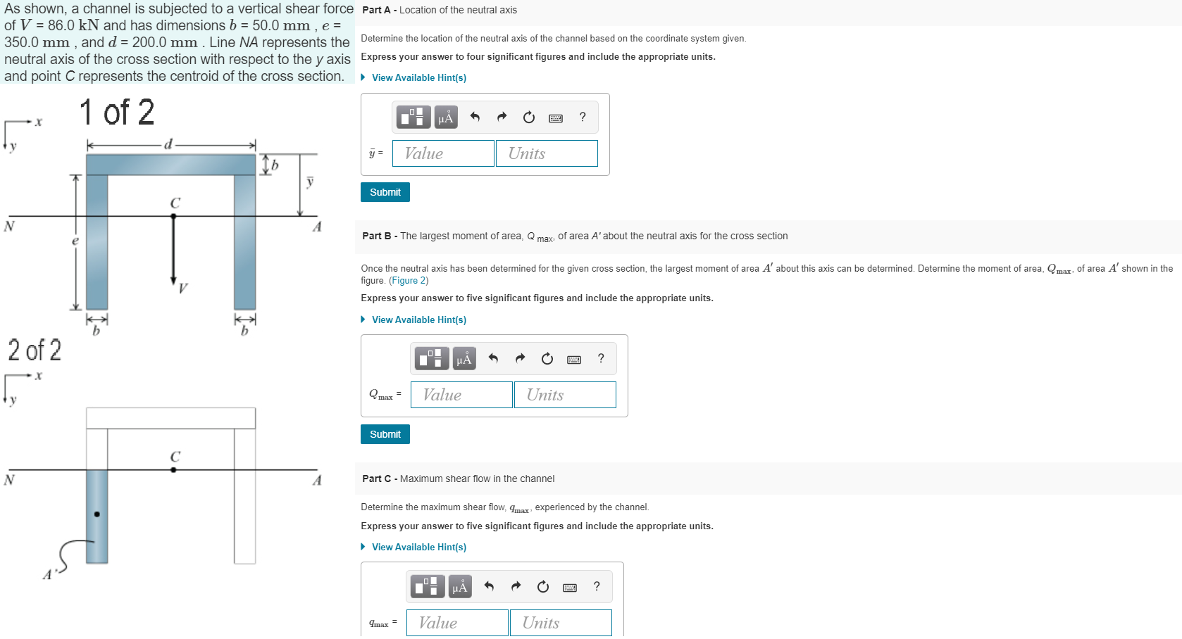 Solved As shown, a channel is subjected to a vertical shear | Chegg.com