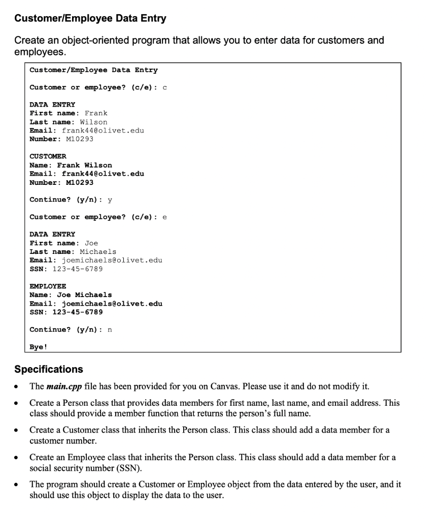 Solved Customer/Employee Data Entry Create an | Chegg.com