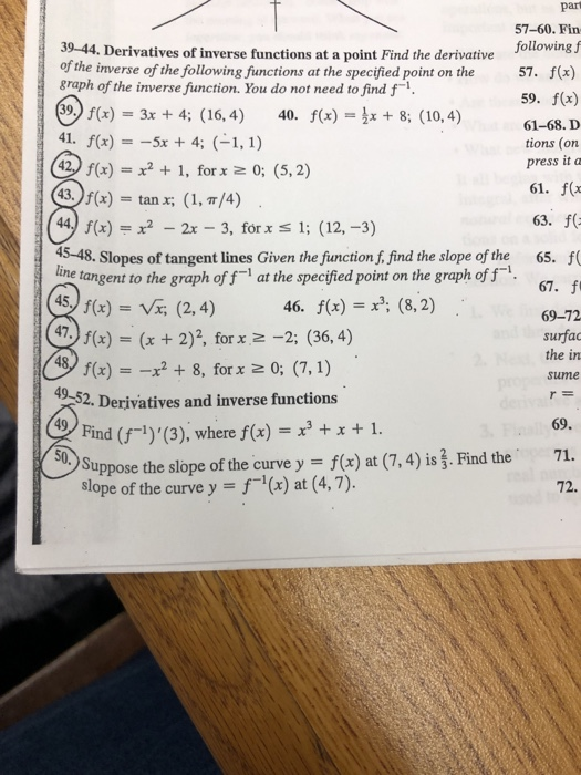 Solved par 57-60. Fin 39-44. Derivatives of inverse | Chegg.com