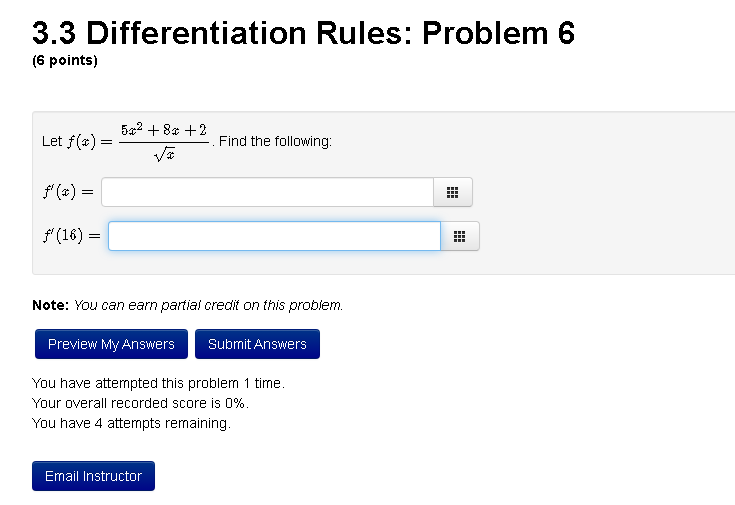 Solved 3.3 Differentiation Rules: Problem 6 (6 points) 52 + | Chegg.com