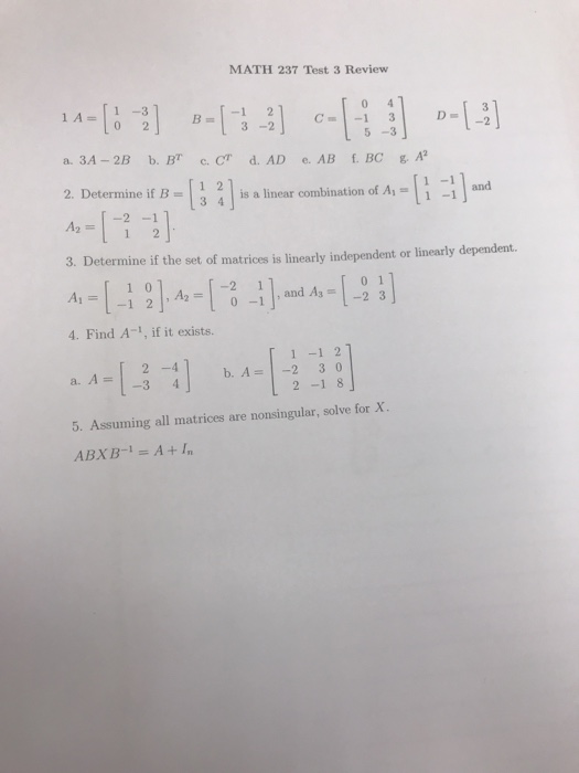 Solved MATH 237 Test 3 Review 0 4 -1 2 B32 1A=11-3 1A=10 5-3 | Chegg.com