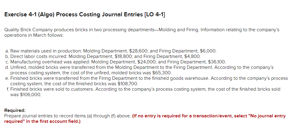 Solved Exercise 4-1 (Algo) Process Costing Journal Entries | Chegg.com