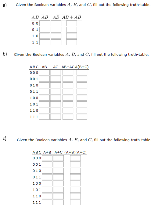 Solved a Given the Boolean variables A, B, and C, fill out | Chegg.com