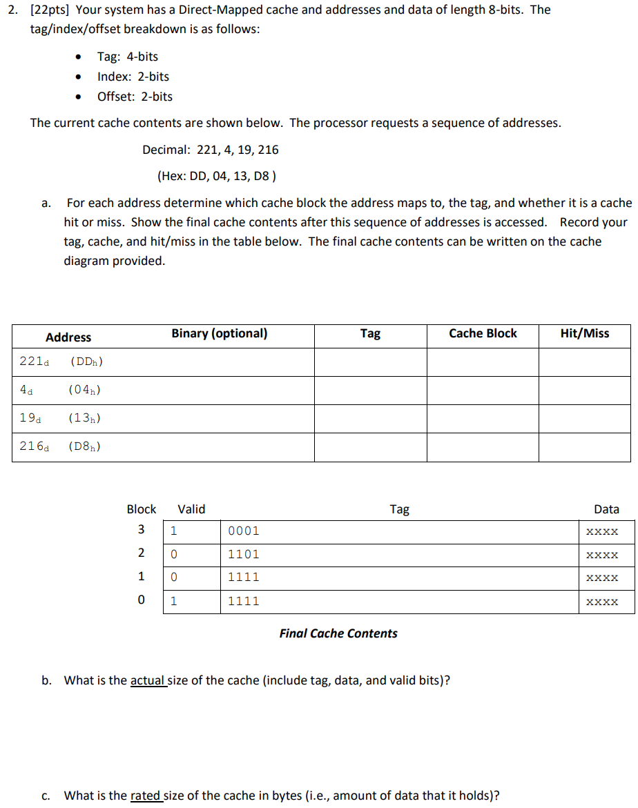 Solved 2. [22pts] Your system has a Direct-Mapped cache and | Chegg.com
